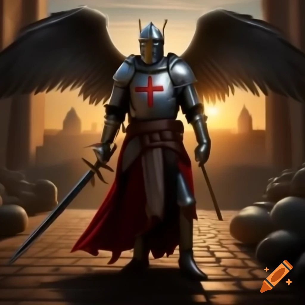 Knight Templar in gleaming armor in ancient fortress courtyard on Craiyon