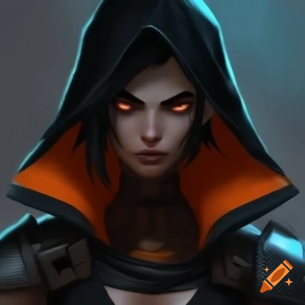 Goliath rogue arcane trickster in black armor and orange cloak with tattoos on Craiyon