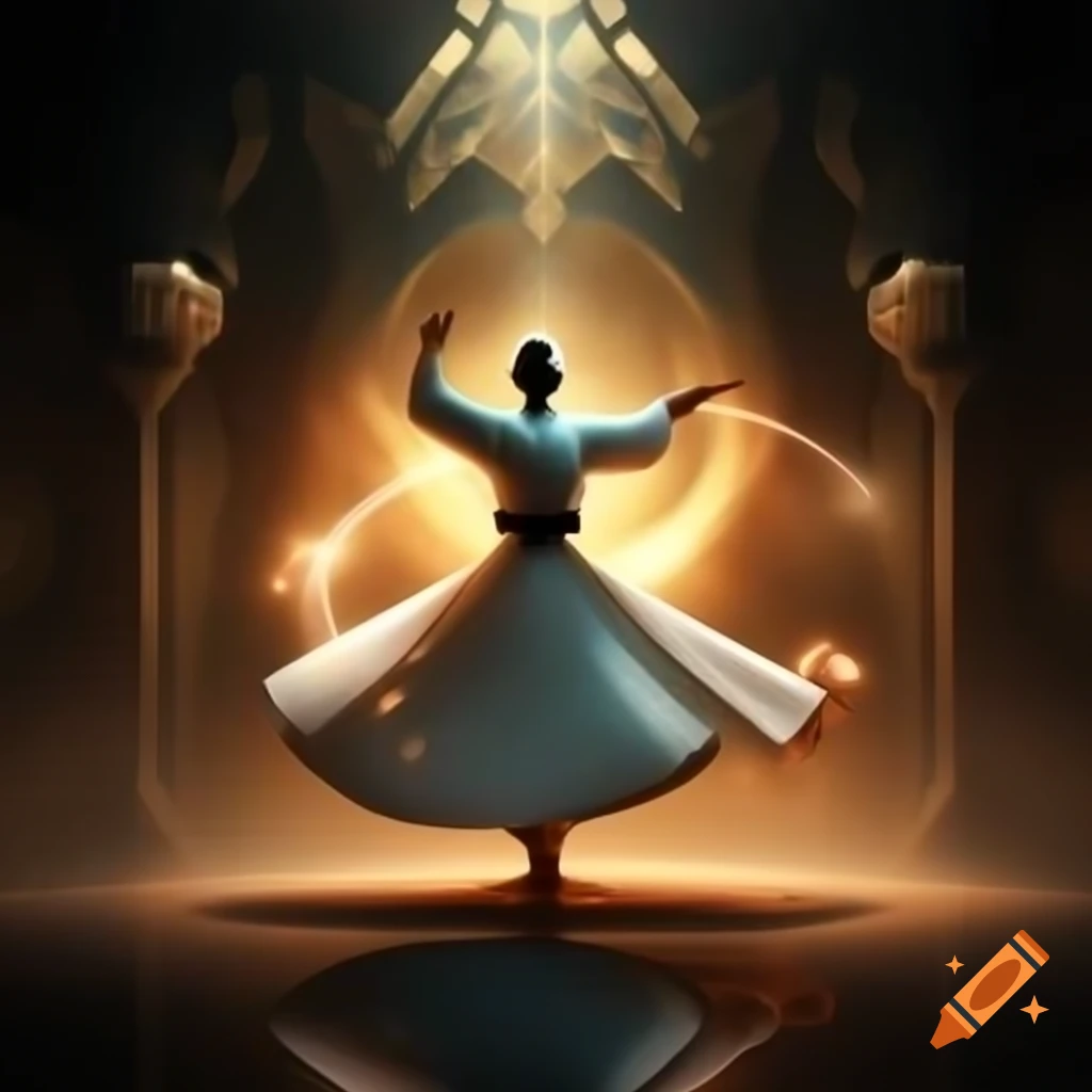 Glowing whirling dervish dancing with golden light and ethereal ...