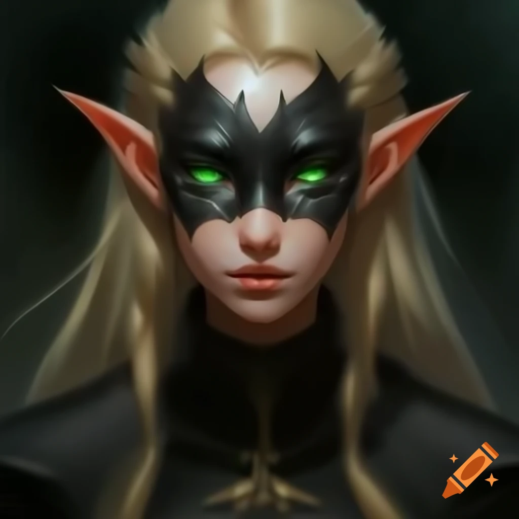 Anime-style portrait of an elf noblewoman in black masquerade mask and ...