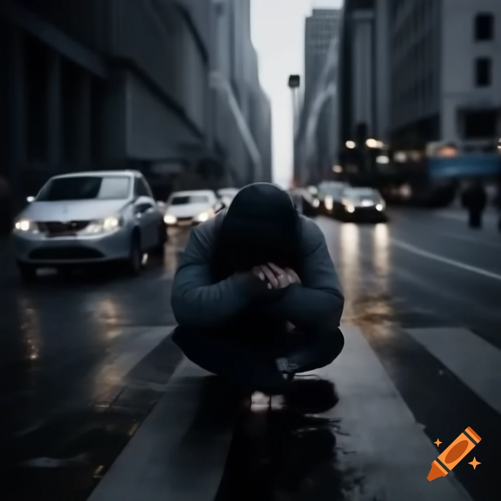 Photorealistic depiction of a man crying in a busy city road under rain ...