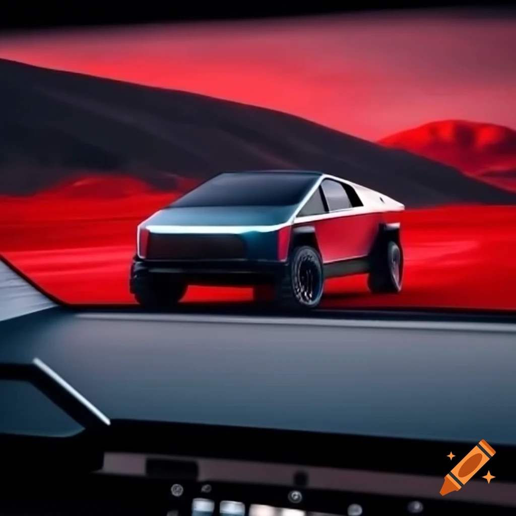 Tesla Cybertruck in winter landscape viewed through windshield with ...