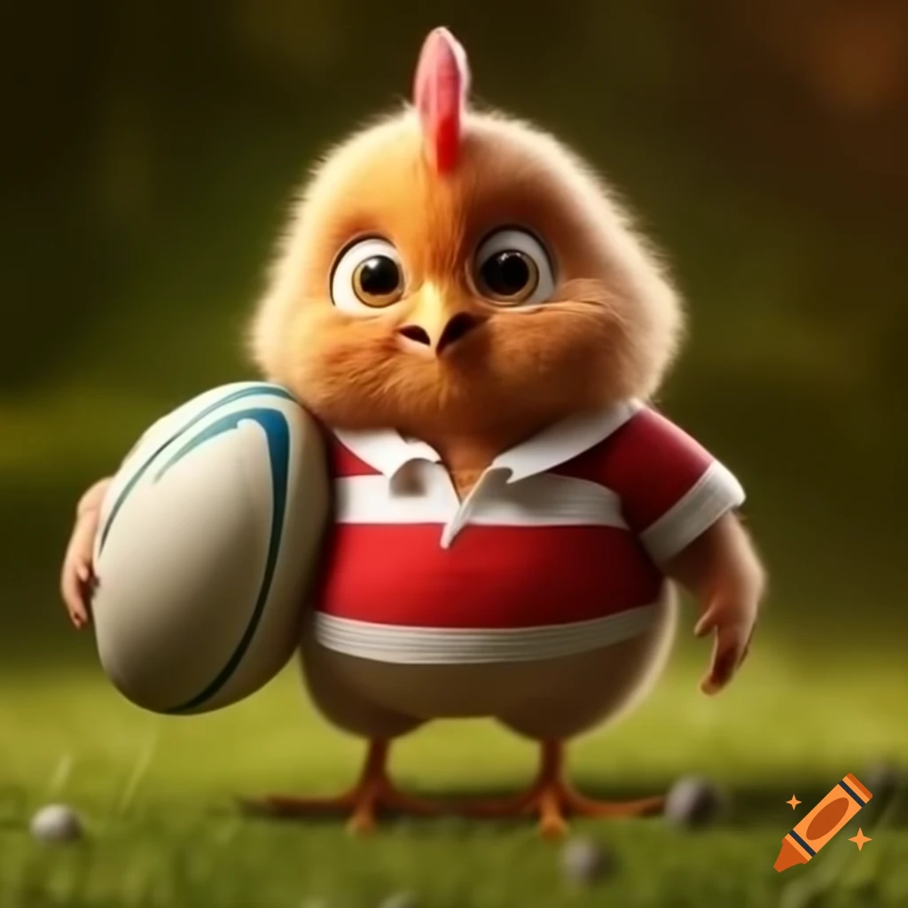 Baby chicken wearing red and white rugby shirt with big rugby ball on ...