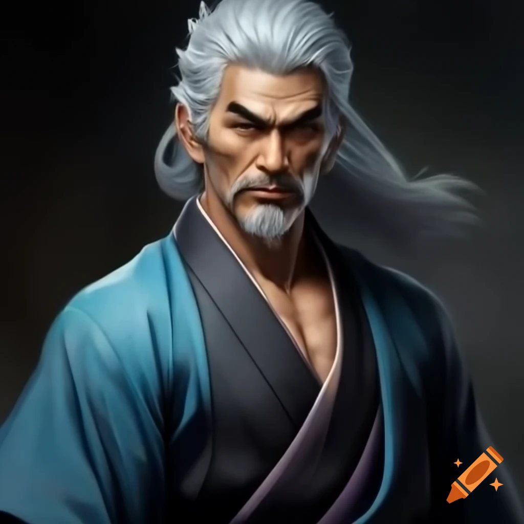 Realistic depiction of Japanese samurai fighter with silver hair in ...