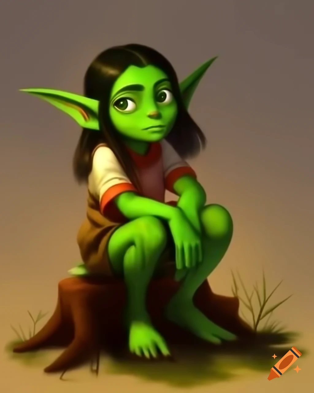 Anime goblin girl with green skin sitting on tree stump, blushing on ...
