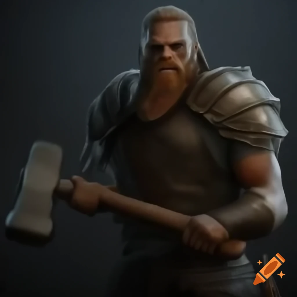 Ripped warrior in full plate mail holding two-handed hammer on Craiyon