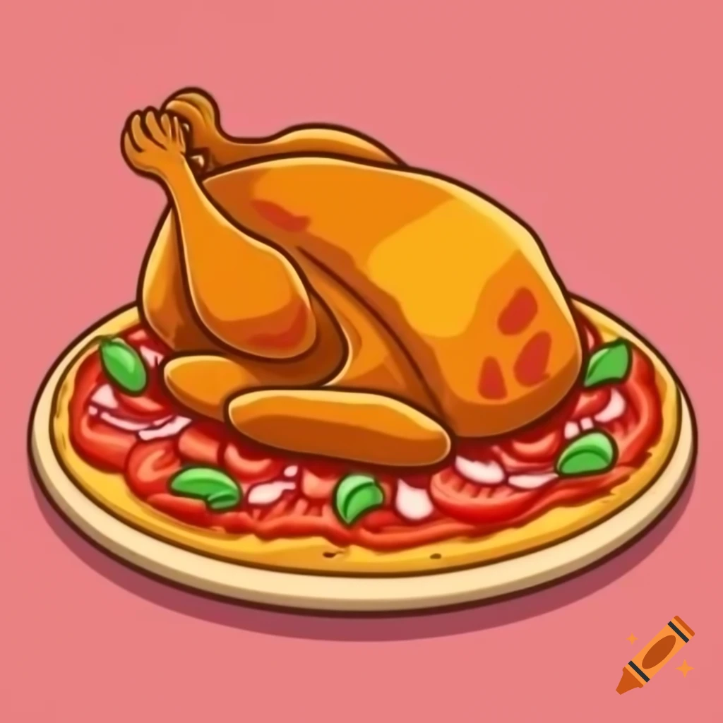 Pizza topped with oversized roast turkey illustration on Craiyon