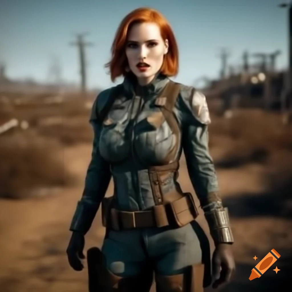Jessica Chastain as Fallout character in unzipped vault jumpsuit ...