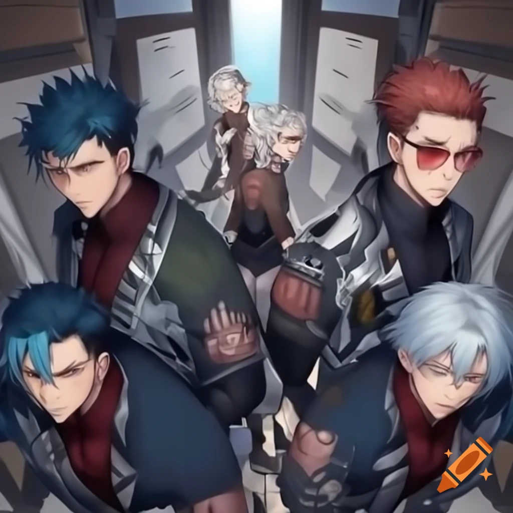 Group of four people depicted in hyperrealistic anime style, featuring ...