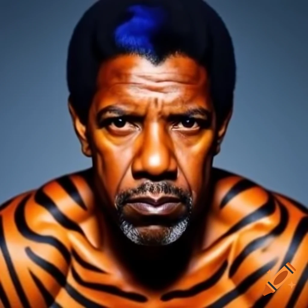 Muscular figure resembling Denzel Washington with tiger-style makeup ...