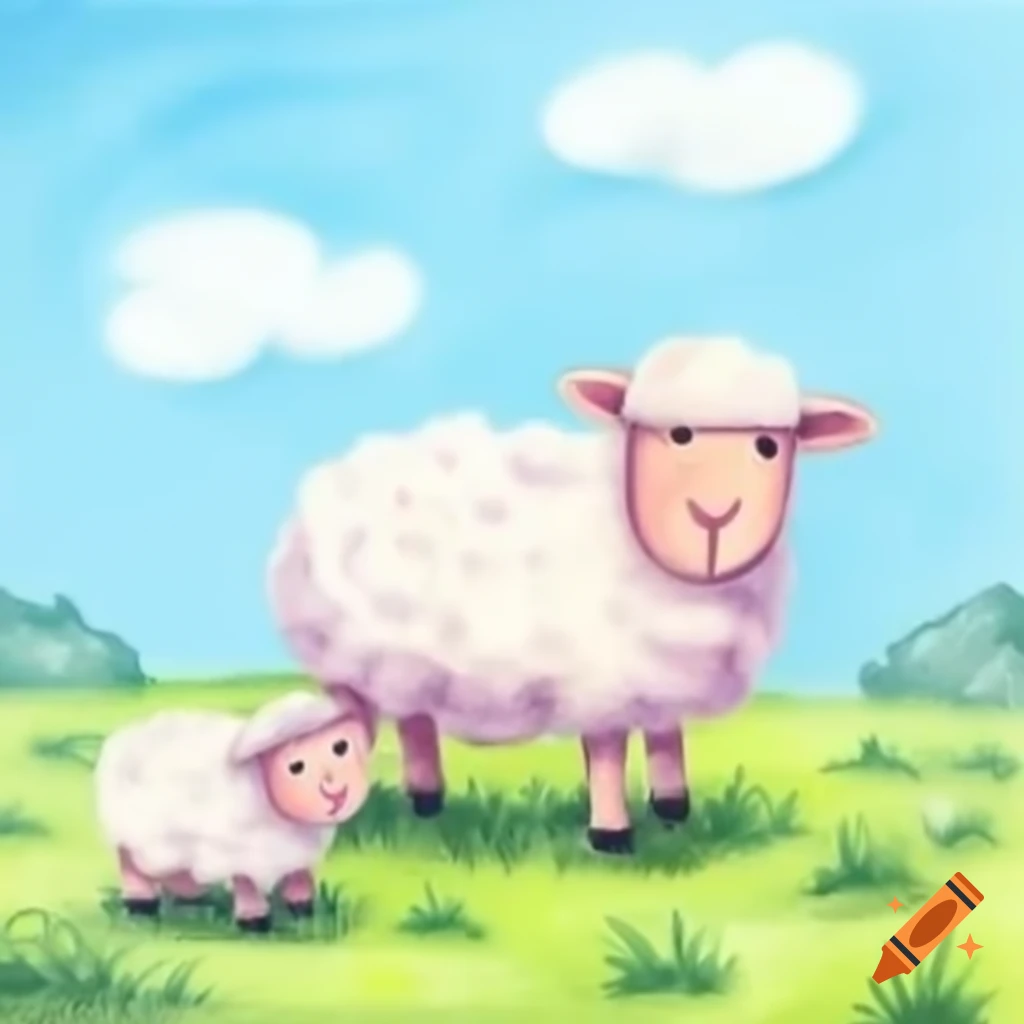 Pastel crayon doodle of a sheep on grass field with cloudy blue sky on ...