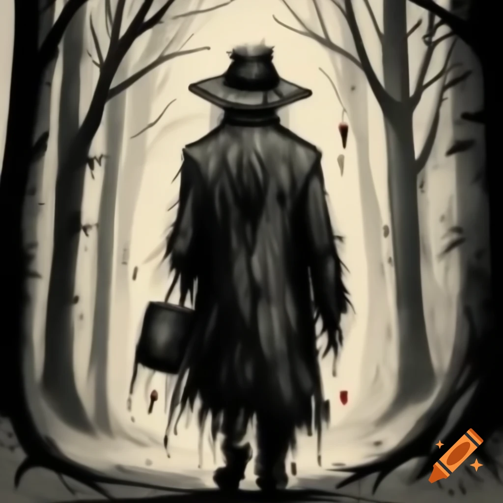 Eerie ink drawing of cultist walking through a forest on Craiyon