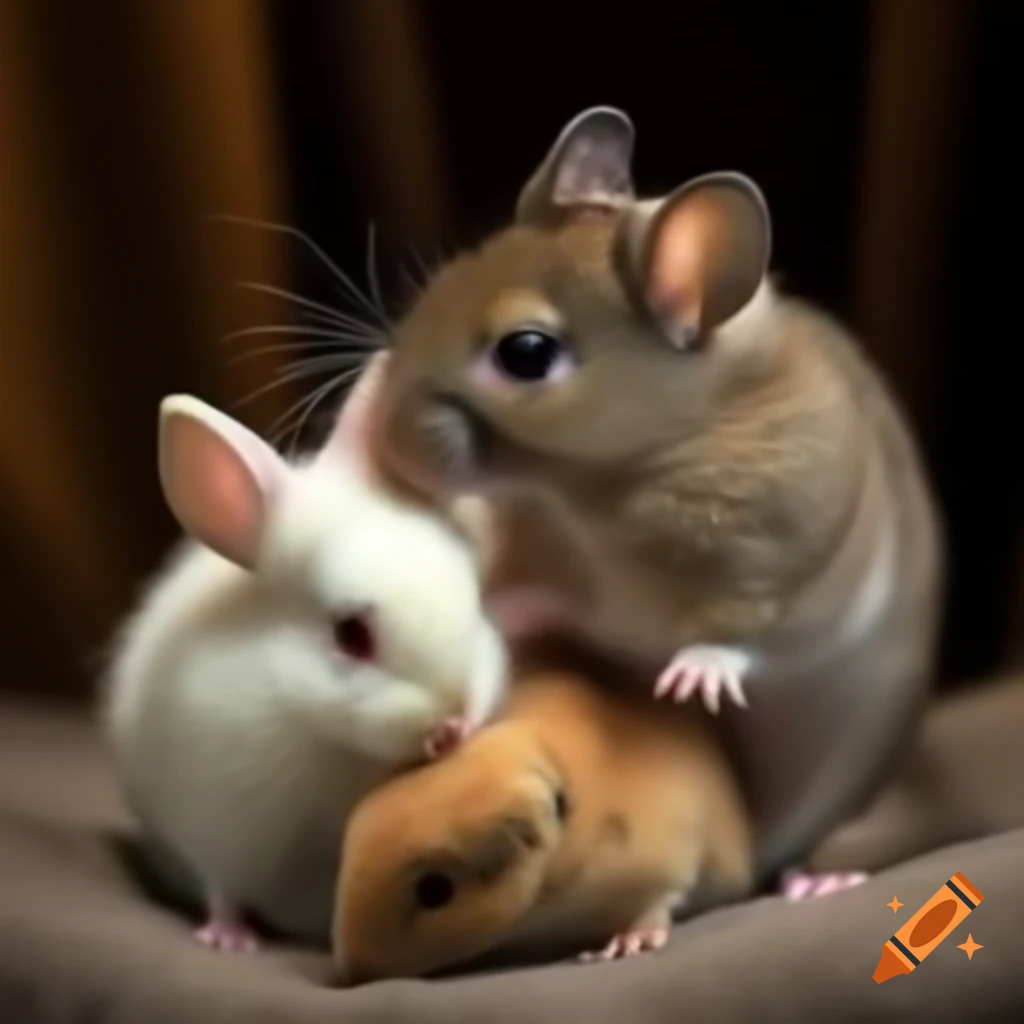 Mouse, chick, and rabbit together in a cozy bed on Craiyon