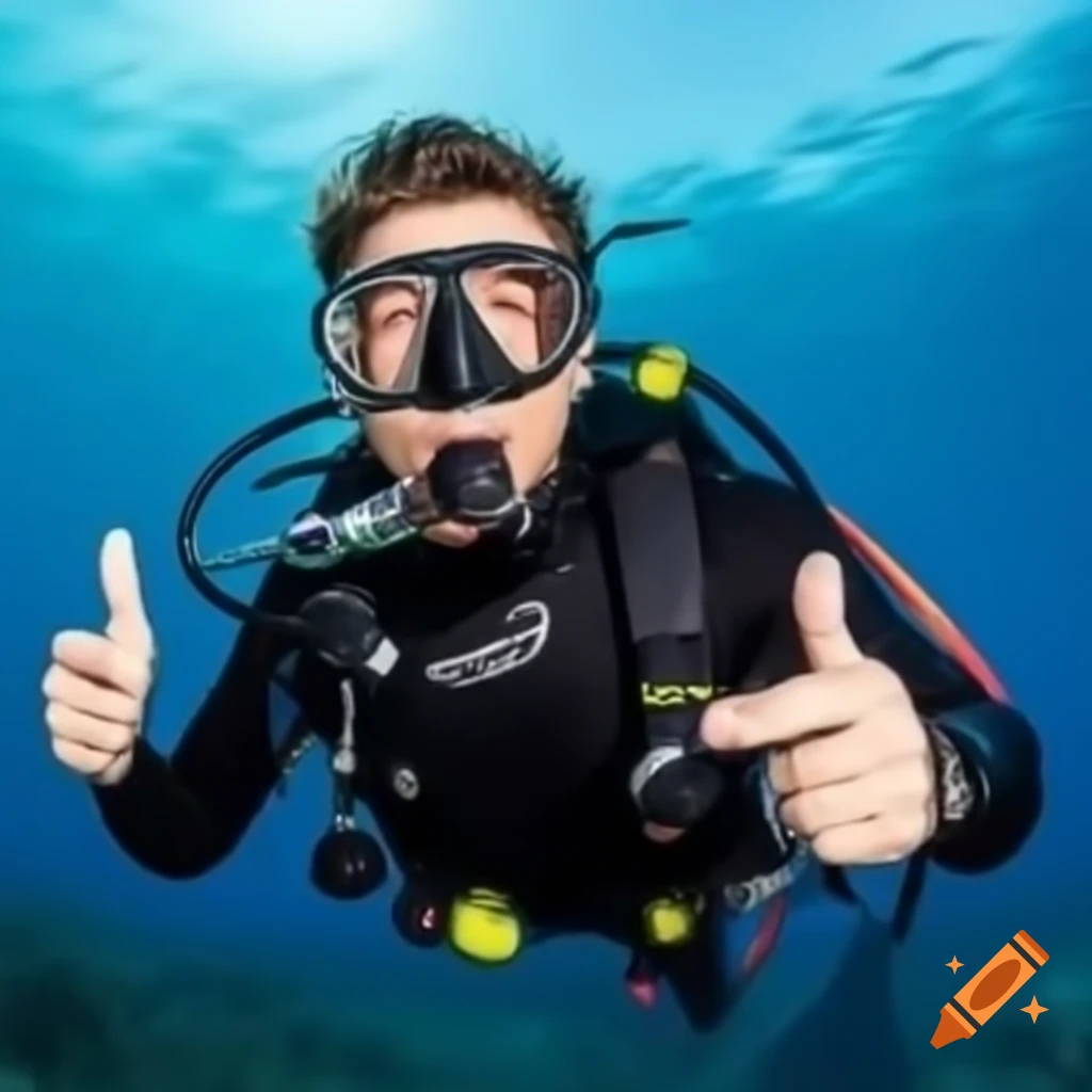 Scuba diver laughing and pointing down underwater on Craiyon