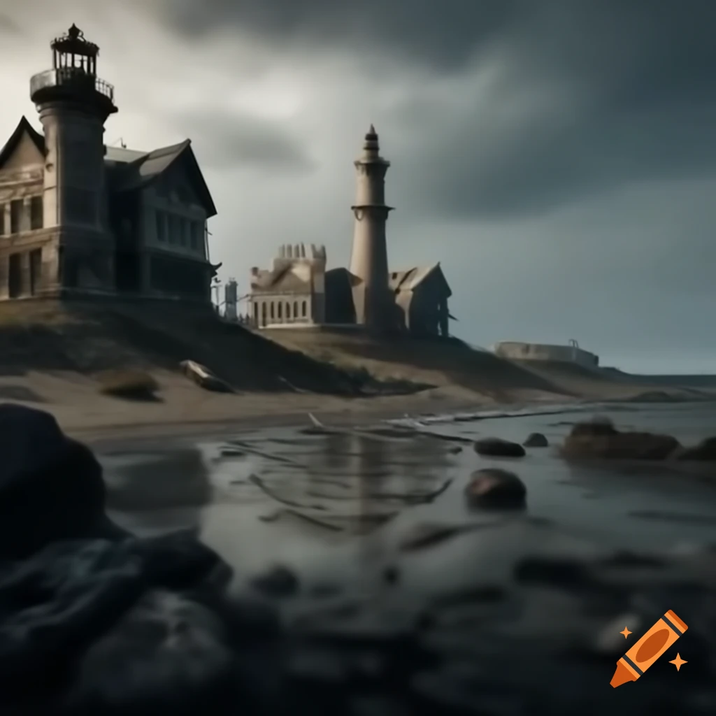 Desolate coastline with weathered Bronze Age buildings and a lighthouse ...