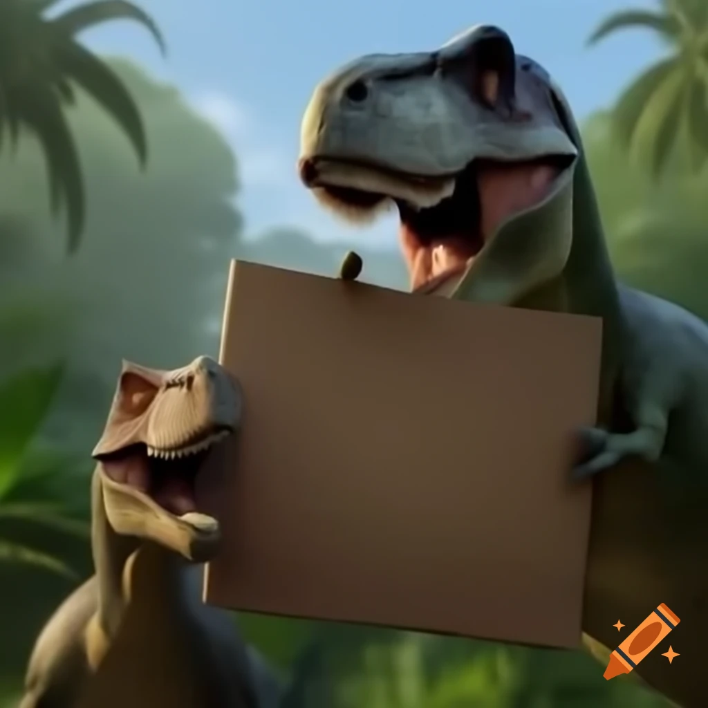 Two tyrannosaurus rex interacting with a sign on Craiyon