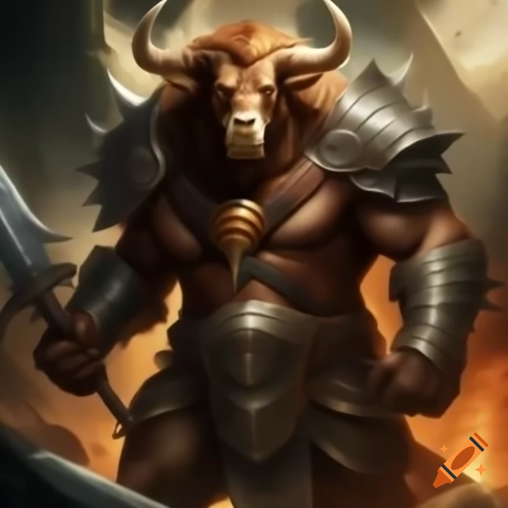 Armored muscular minotaur with a large blade in front of a big fire on ...