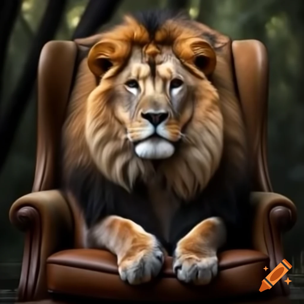 Lion sitting on armchair in detailed forest setting, 4k resolution on ...