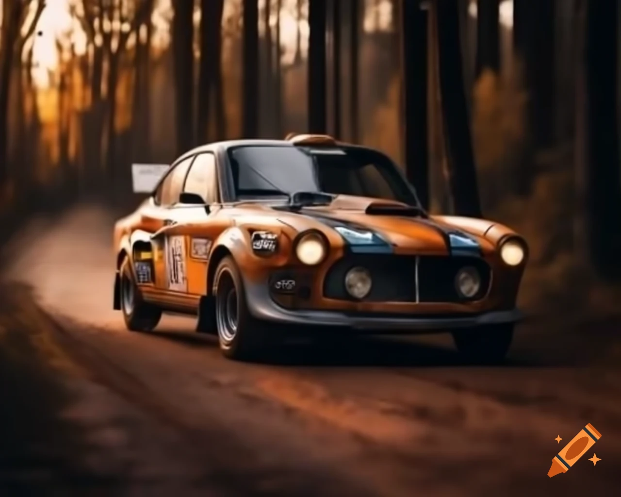 Art deco rally car racing on dirt road in autumn forest during evening ...