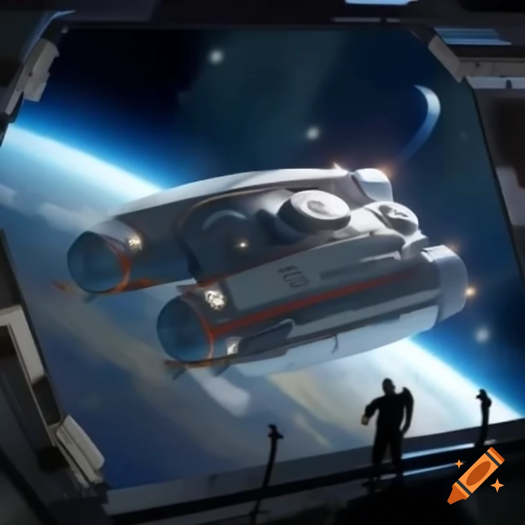 Large passenger spaceship in orbit around planet with people on multi ...