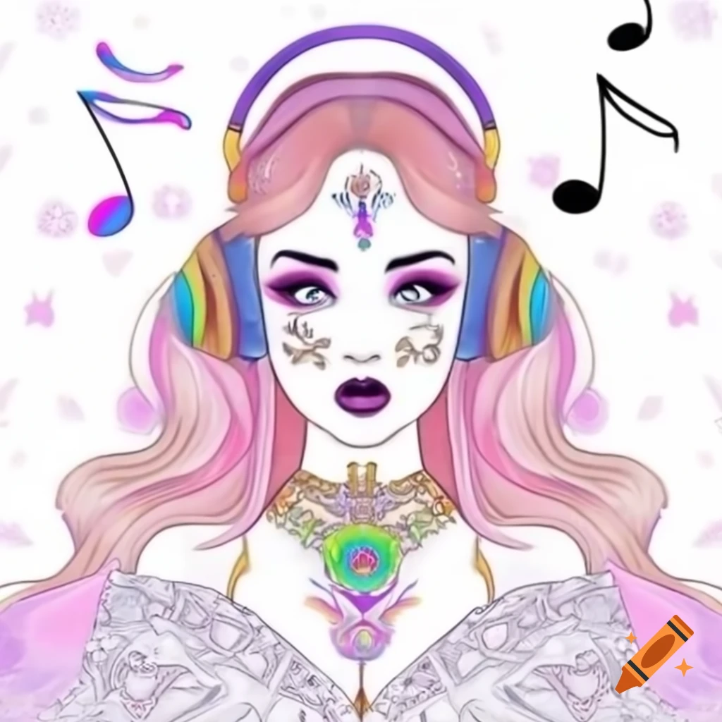 Vibrant sketch of feminine woman with music theme and musical notes on ...