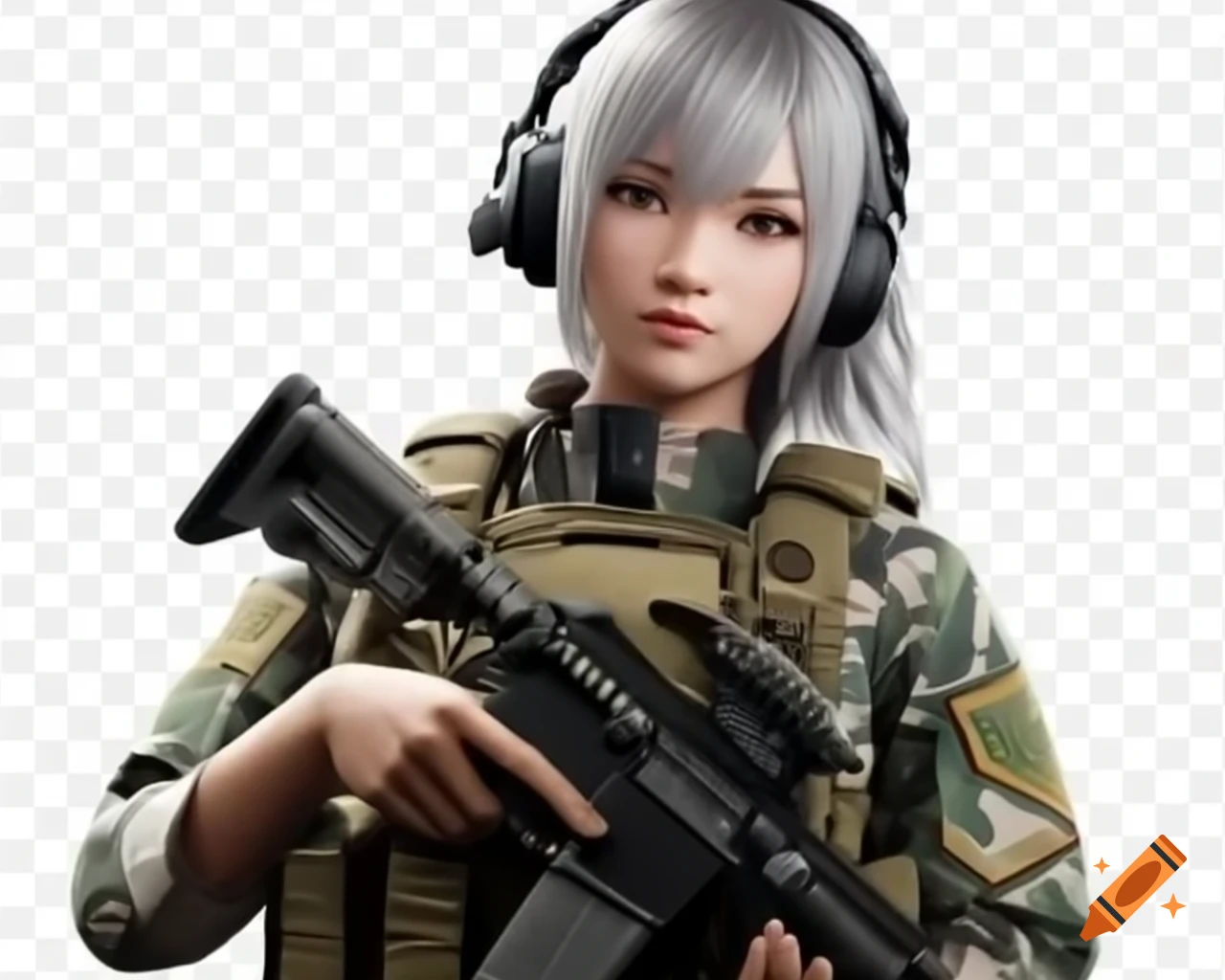 Japanese female soldier in tactical gear with silver hair on Craiyon