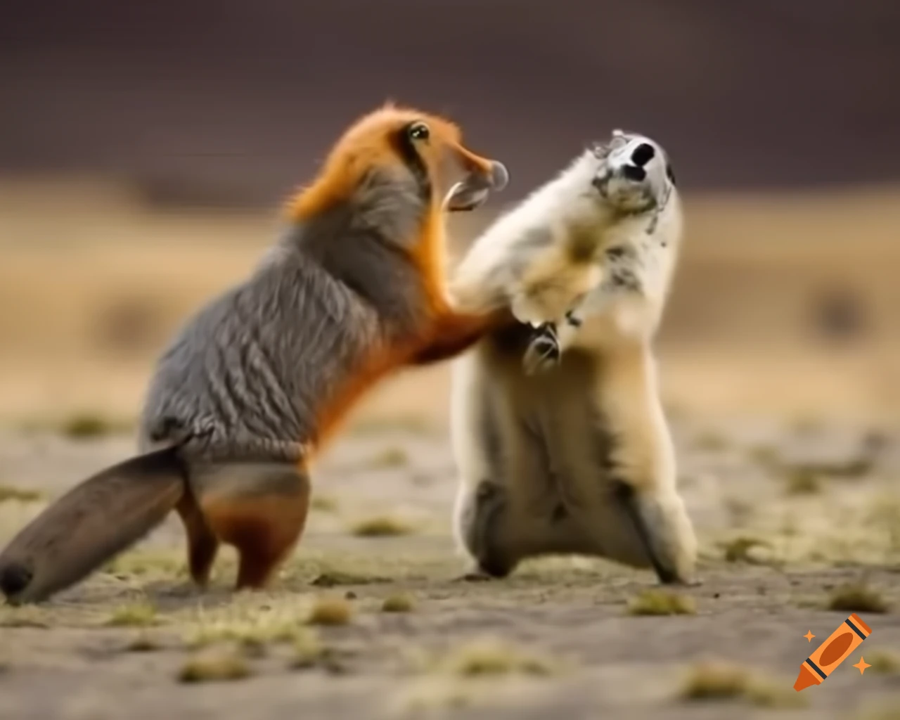 Dramatic encounter between Tibetan fox and marmot in grassy area with ...