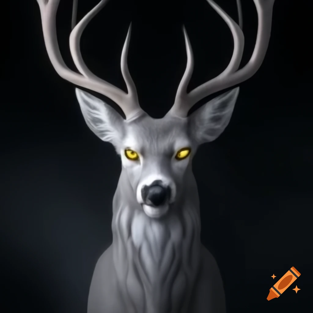 Fierce gray deer with large yellow eyes and sharp teeth against dark ...