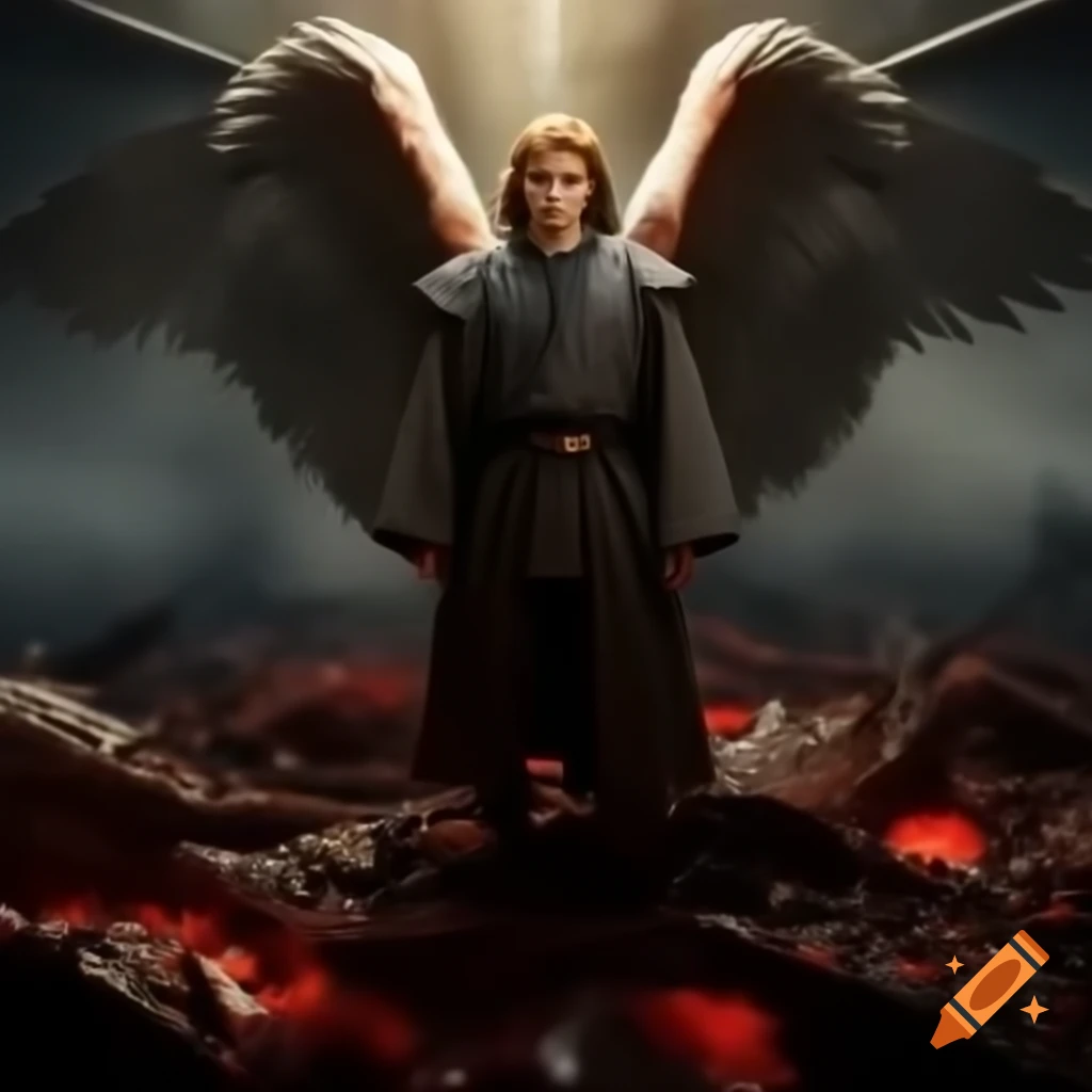 Anakin Skywalker as a fallen angel in a hellish landscape on Craiyon