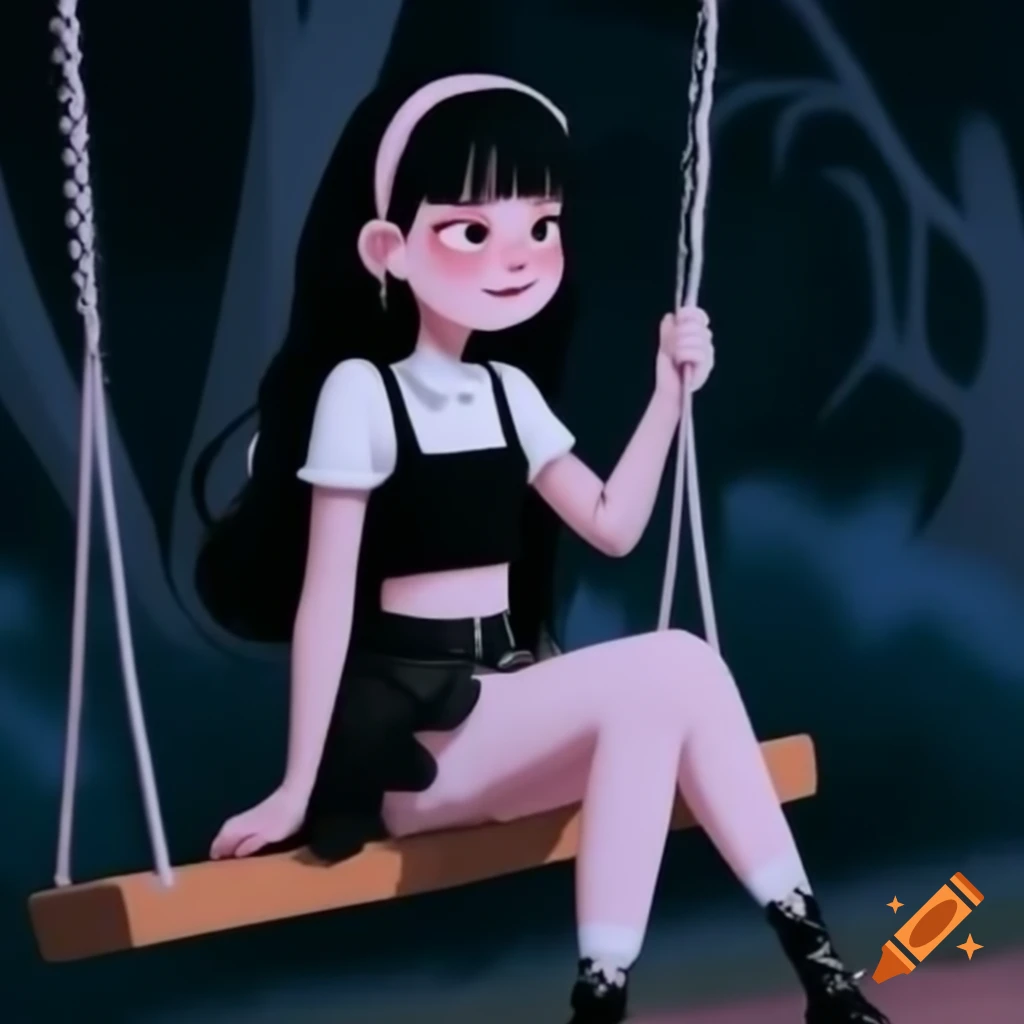 Pale goth girl with black hair sitting on a swing at night on Craiyon