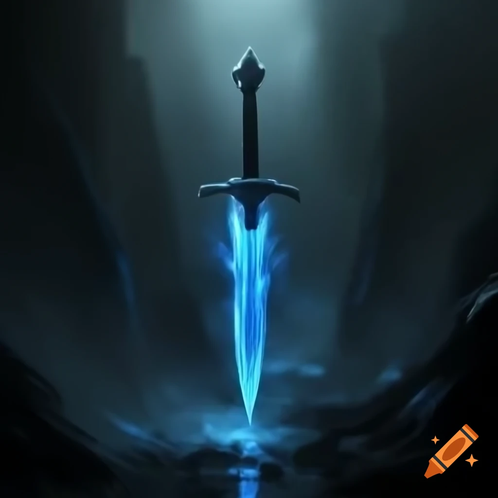 Blue glowing dagger surrounded by misty shadows on Craiyon