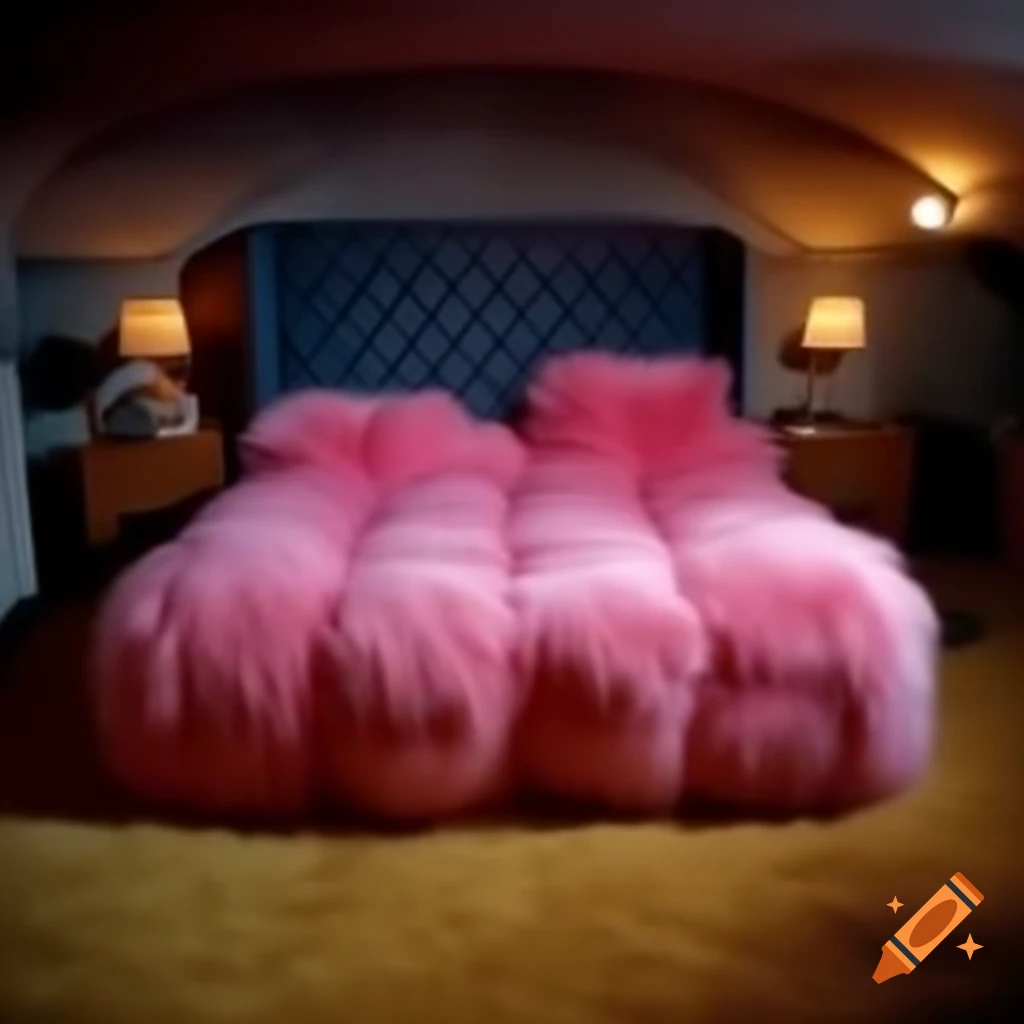 Cozy basement room with double bed and fluffy pink fur decor on Craiyon