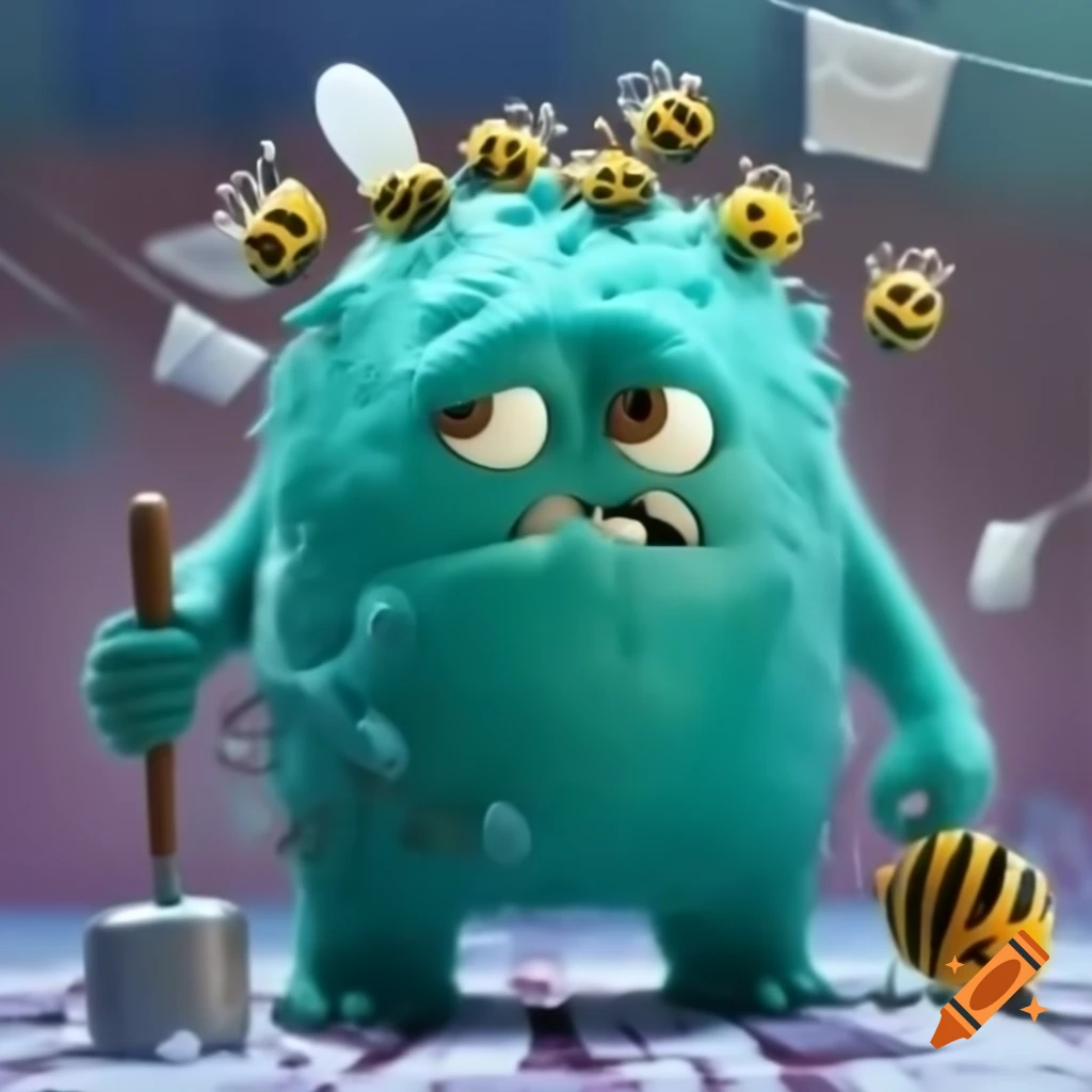 Cartoonish teal monster surrounded by bees and a hammer, with laundry ...
