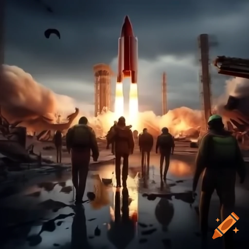 Chaotic scene of rocket launches and explosions with emergency ...