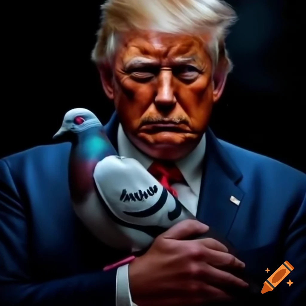 Trump with red glowing eyes and pigeon on shoulder also with glowing ...
