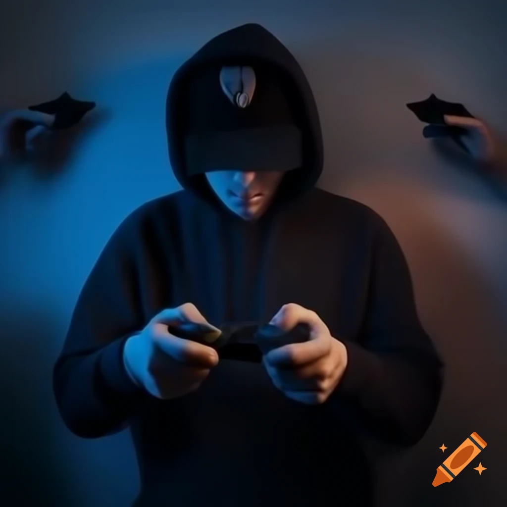 Man in hoodie playing playstation with gaming graphics on wall on Craiyon