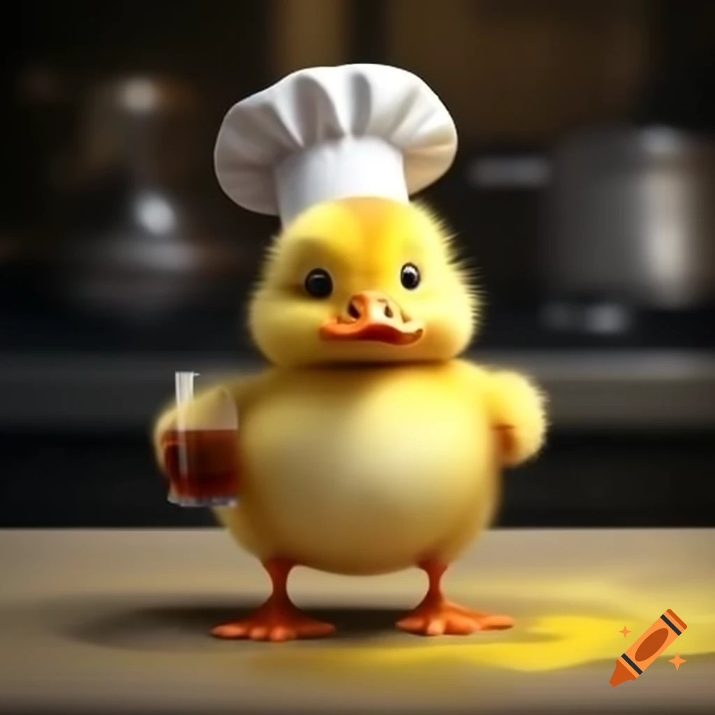 Fluffy grumpy yellow baby duck in chef hat holding glass of dark liquid ...