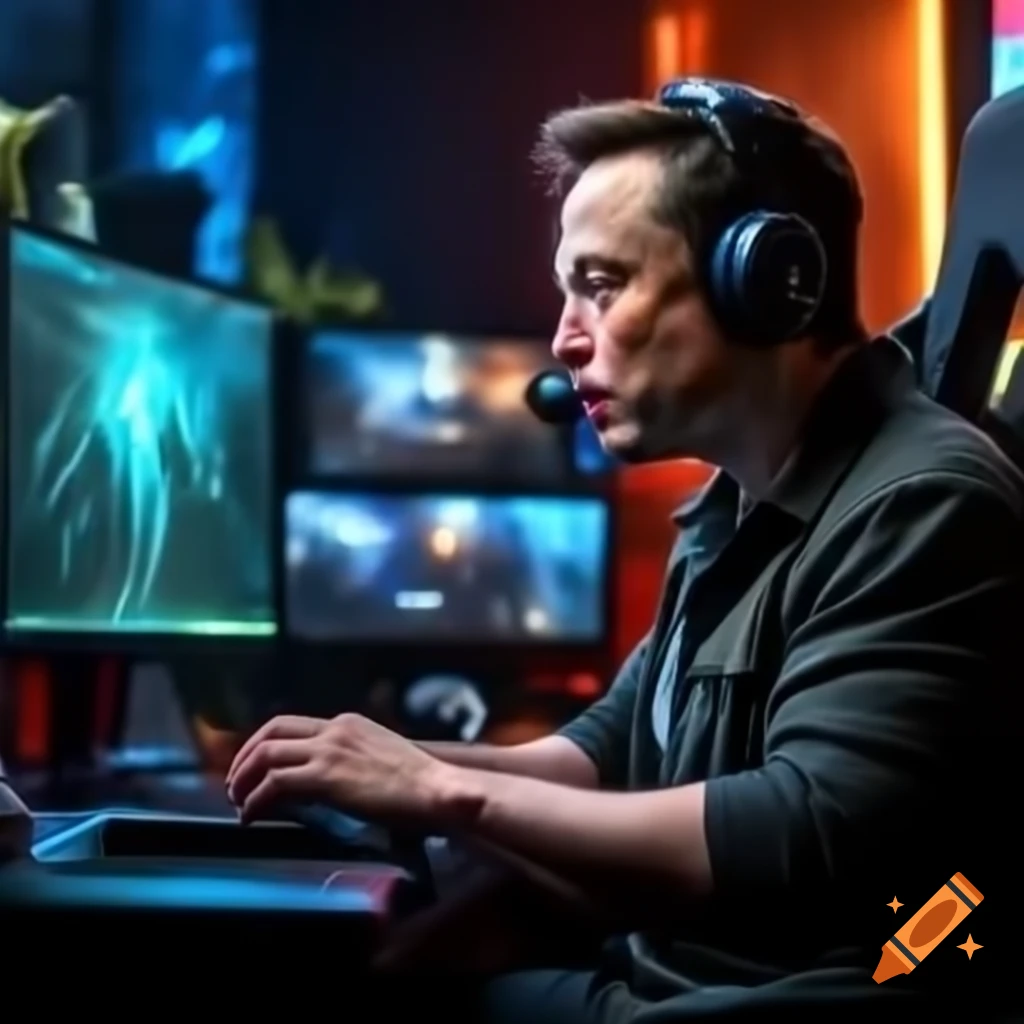 Elon musk gaming on a computer playing diablo 4 on Craiyon