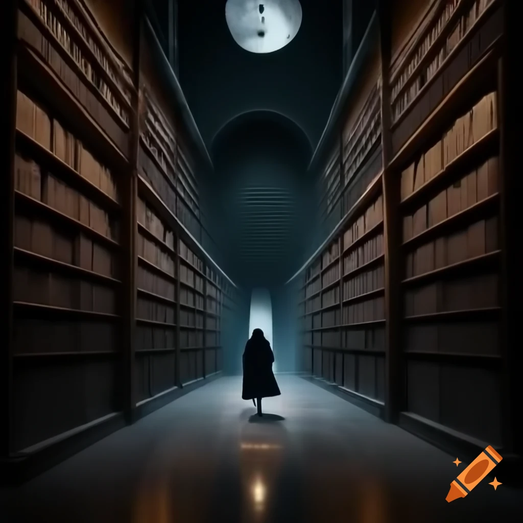 Dark figure walking in endless library illuminated by moonlight on Craiyon