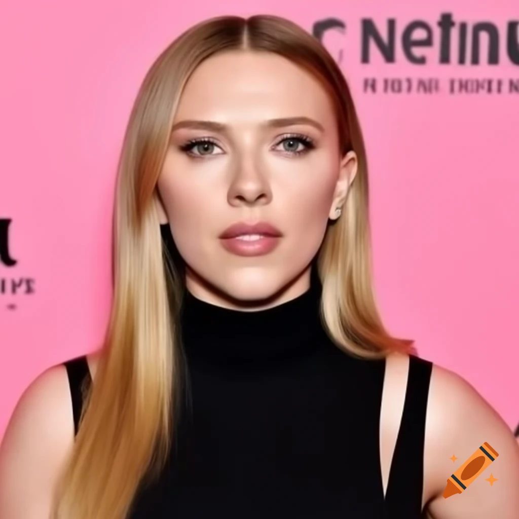 Scarlett johansson portrait with long hair and black turtleneck against hot pink backdrop on Craiyon