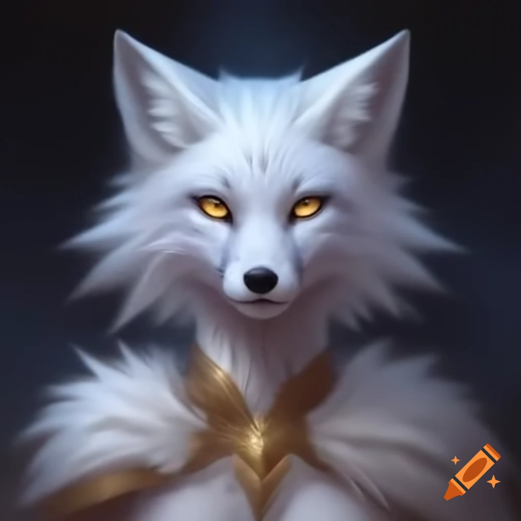 Angelic white female fox character with golden eyes and gold-tipped fur ...