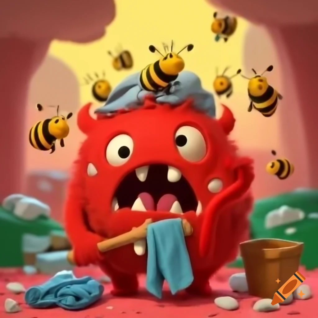 Humorous red monster with bees and a hammer, laundry in background on Craiyon