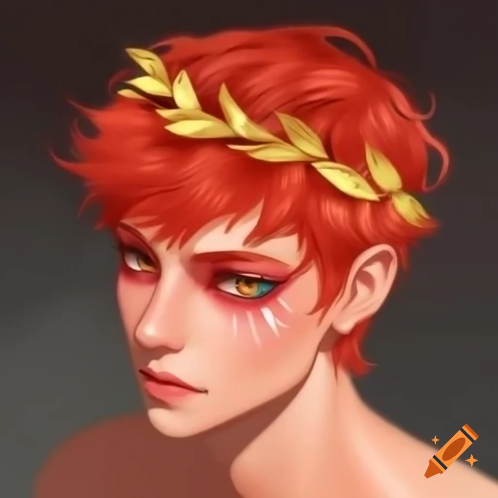 Anime character with red hair and toga, wearing a gold laurel crown on ...