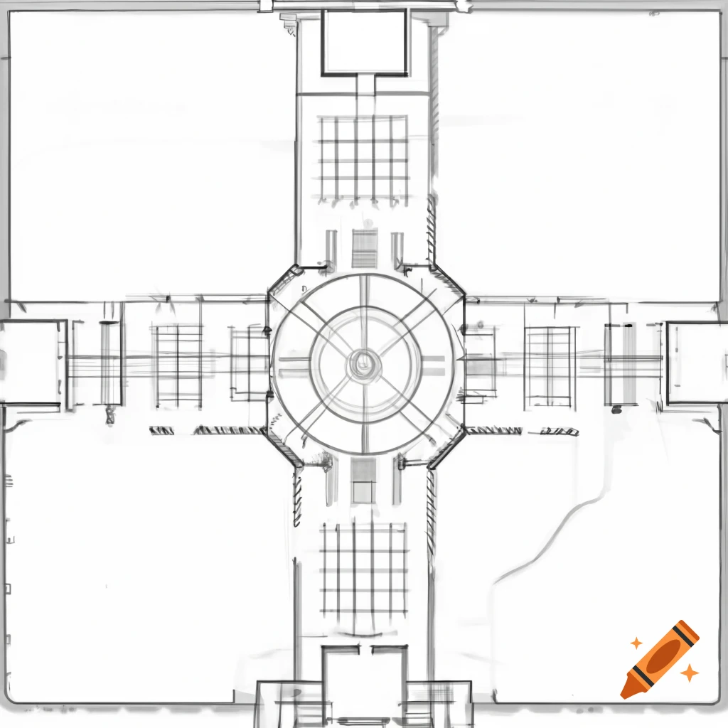 Architectural plan of a museum with central hall and eight adjoining ...