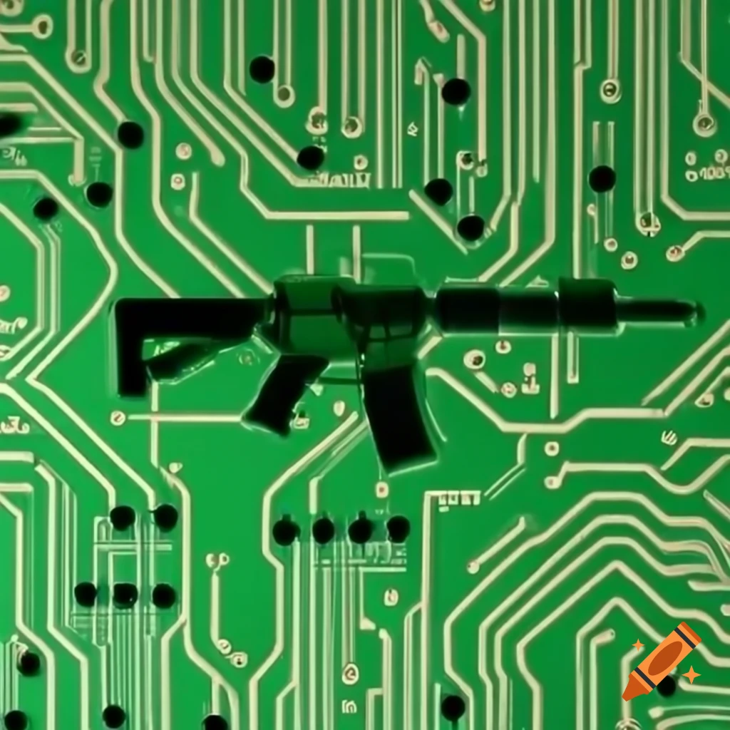 Green circuit board with traces forming outline of M16 rifle AR-15 on ...