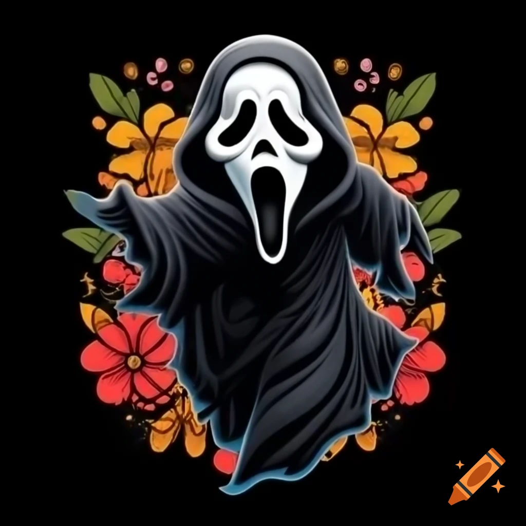 Ghostface running through flowers t-shirt design on Craiyon