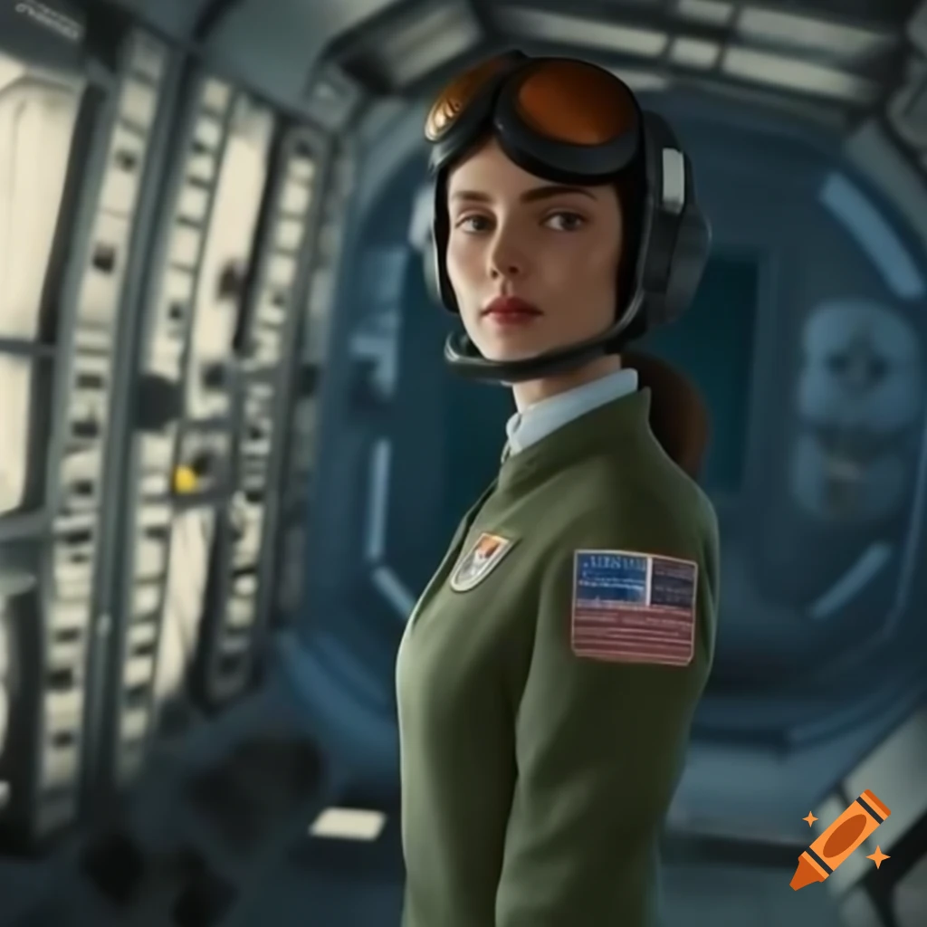 Female pilot walking towards retro spacecraft at vintage spaceport on ...