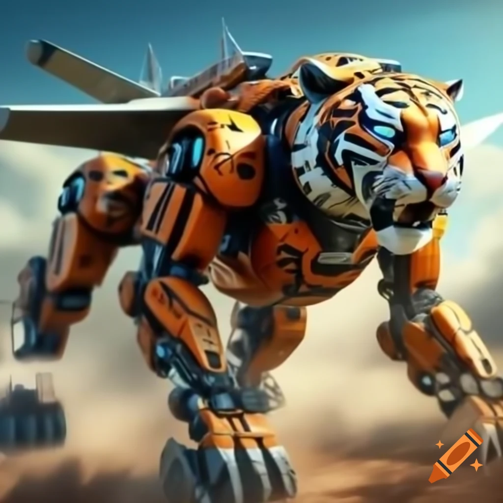Robotic tiger with jet engines soaring through the sky on Craiyon