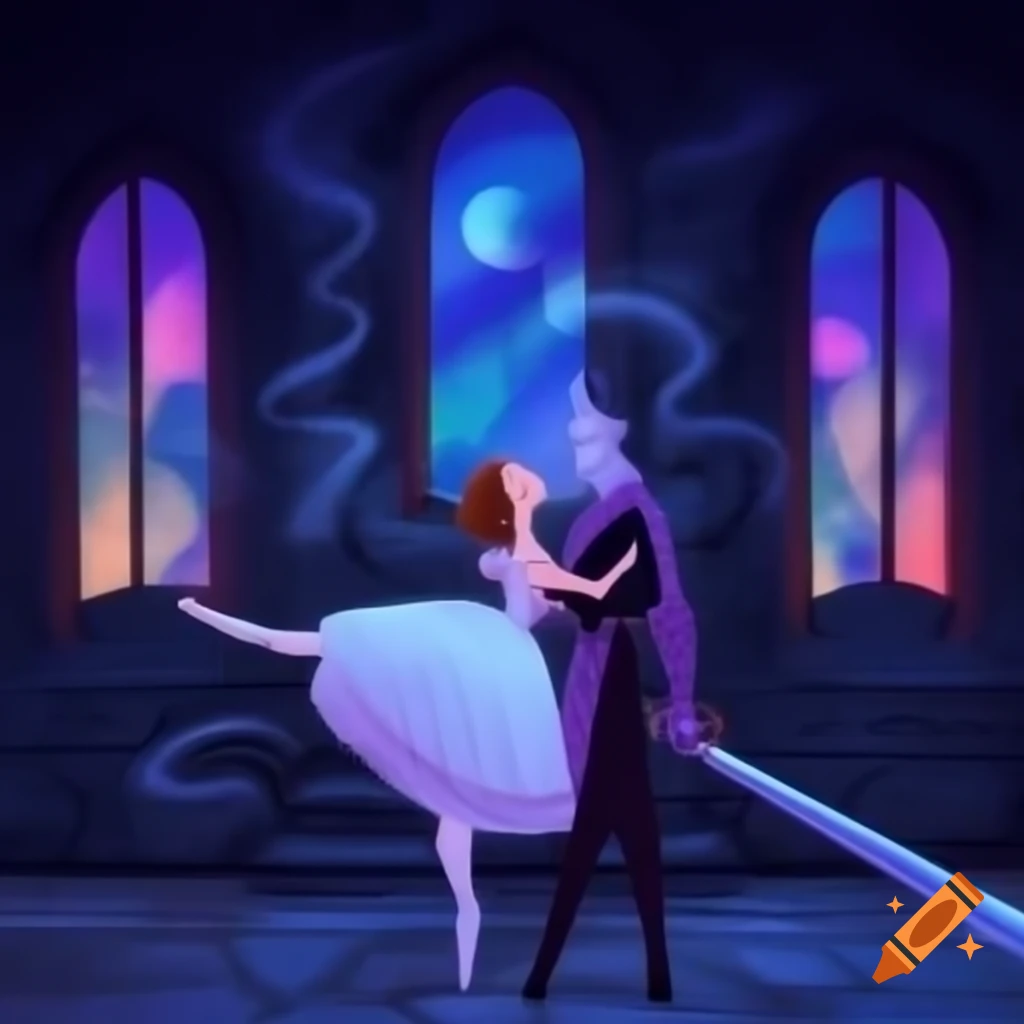 Ballerina and knight dancing in magical castle with colorful windows ...