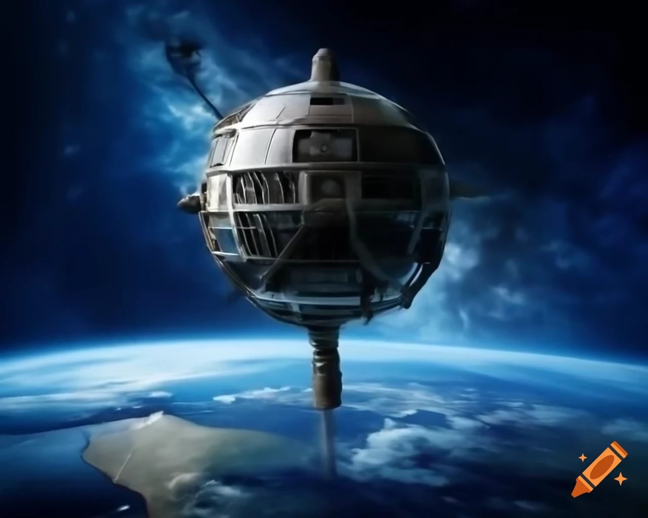 Alien mechanical ball hovering above ocean, with branches extending ...